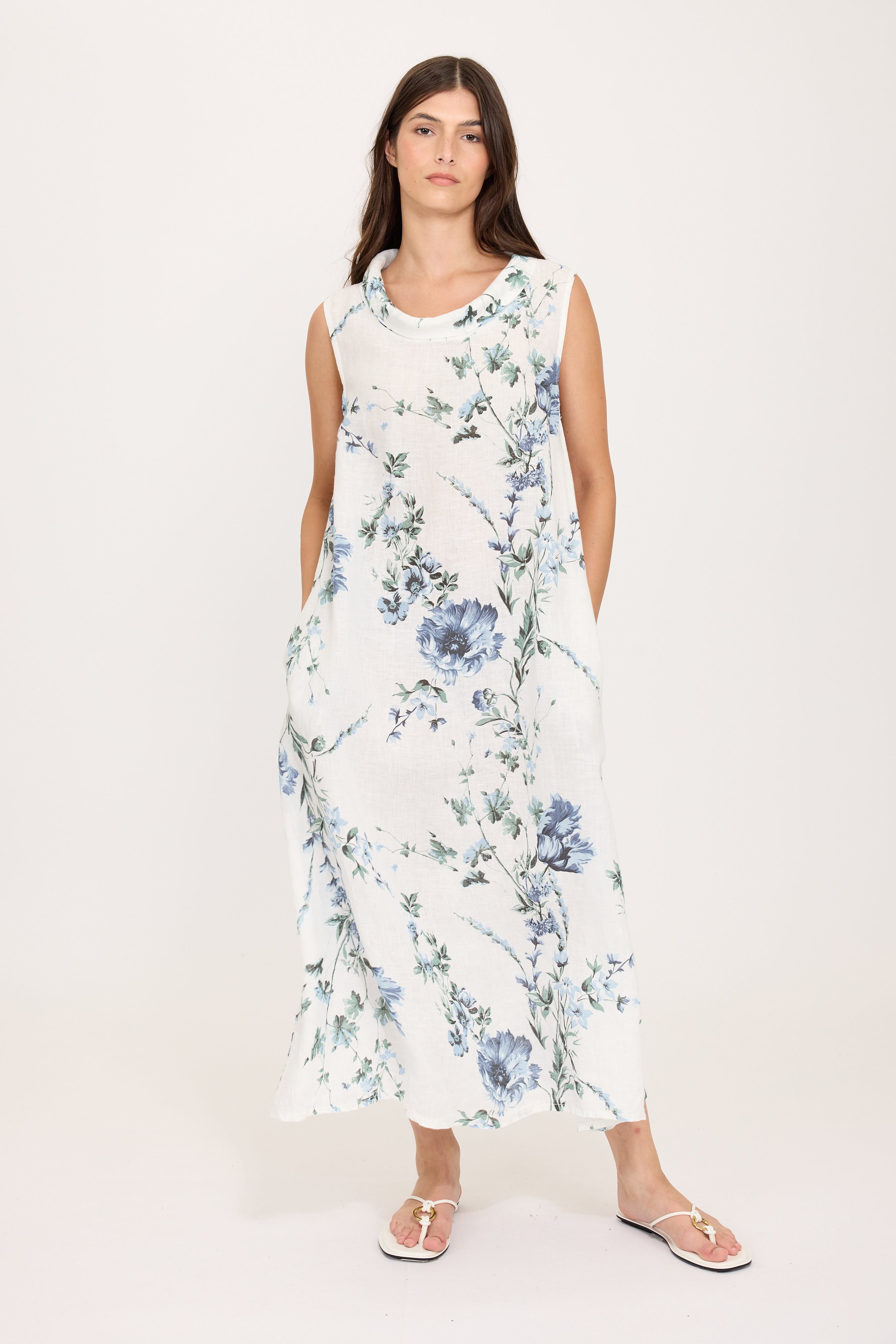 Maxi Cowl Neck Linen Dress in Blue Floral Print by Pistache ...